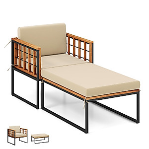 Tangkula Outdoor Chaise Lounge Chair, Acacia Wood Heavy Duty 1200 lbs Weight Capacity Wooded Patio Chair and Ottoman Set for Backyard, Poolside, Garden Deck or Balcony