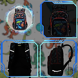 Dorlubel Lightweight Dinosaur Backpack for Boys School Bag with Insulated Lunch Tote & Pencil Case Preschool Kindergarten Elementary Book Bag Set(Black Space Dino Set)