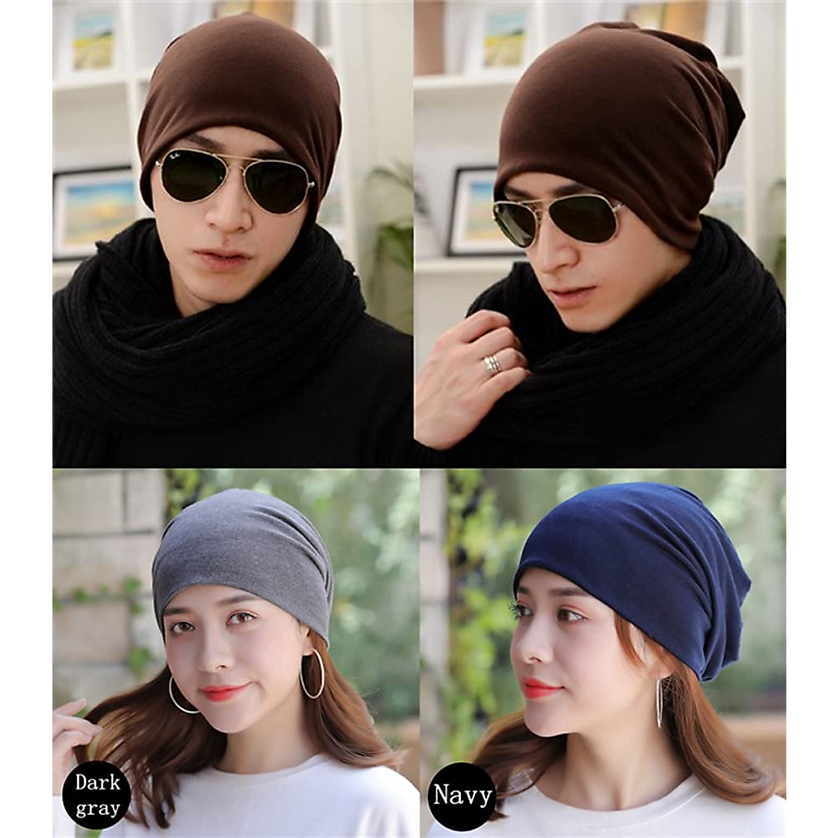 PoemLife Summer Cotton Thin Beanies Soft Stretch Hip-Hop Sleep Caps for Men Women(4 Pack Gray & White & Beige & Light Pink)