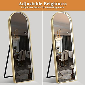SDHYL Arched Full Length Mirror with Lights, 64"x20" LED Mirror Full Length with Stand, Full Body Mirror with Touch Button and Plug, Dimmable Brightness Dressing Mirror for Living Room, Gold