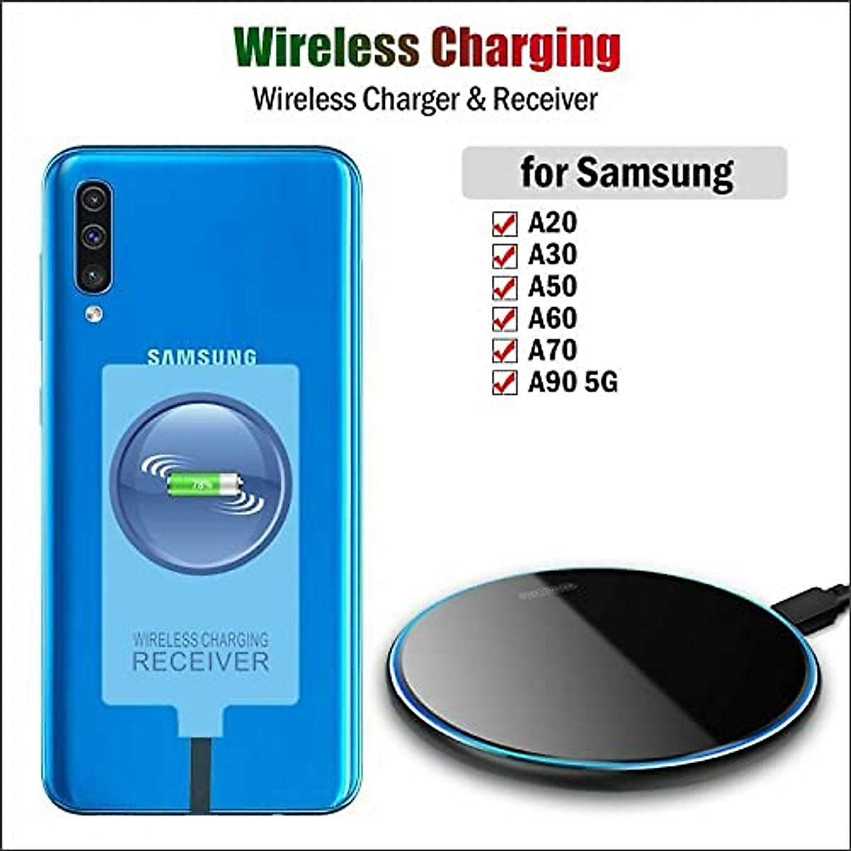 Wireless Charger+Type-C Receiver for Samsung Galaxy A20 A30 A50 A60 A70 A90 5G, Black