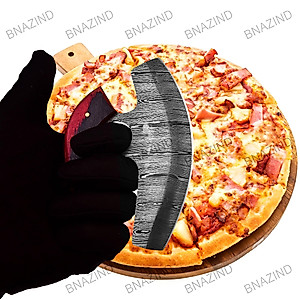 BNAZIND Damascus Alaskan Ulu Knife Pizza Cutter Rocker Knife - Multi-Purpose Damascus Knives For Skinning, Hunting, Chopping knife with Sheath, Damascus Steel Chef Knives