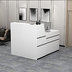 FAMAPY Modern Reception Desk Counter Desk for Retail & Checkout, Front Counter Table, L-Shaped, Black Tapes, Large Storage, for Office Boutique Lobby White (55.1”W x 23.6”D x 43.3”H)
