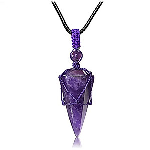 PESOENTH Amethyst Necklace Purple Quartz Crystal Dowsing Pendulum Divination Healing Necklace Cord Adjustable,Natural Gemstone Hexagonal Pointed Cone Reiki Chakra Pendant