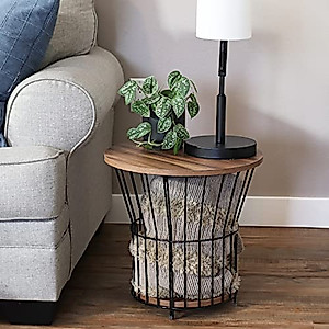 Sunnydaze 17.25-Inch H Modern Pedestal Wire Side Table with Faux Woodgrain Pull-Open Tabletop - Brown