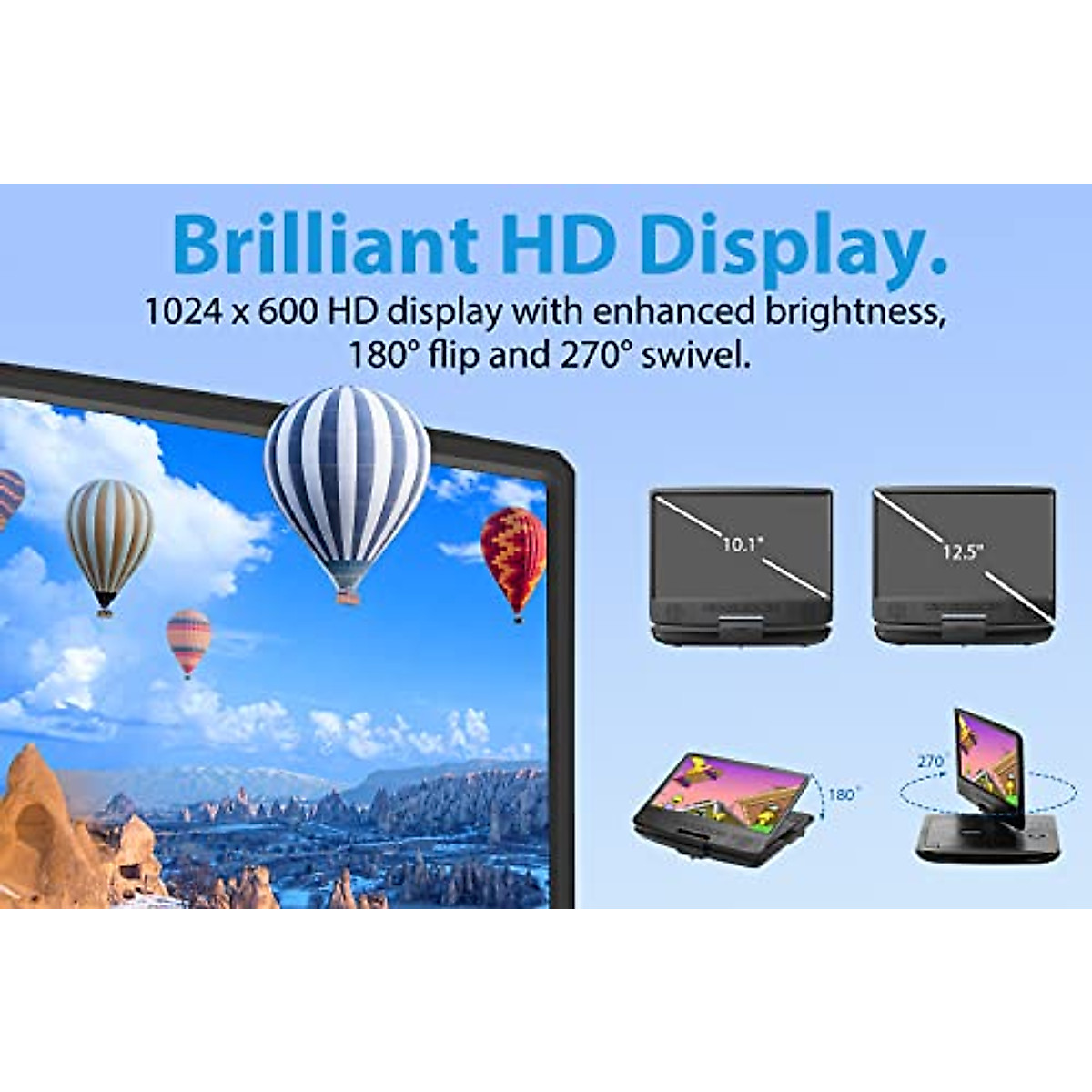 Megatek 12.5" Portable DVD Player with 10.5" HD Swivel Screen, Upgraded 6-Hour Rechargeable Battery, Play CD/DVD/USB/SD Card, Car Headrest Mount, AC Power Adapter, Car Charger, Remote Control