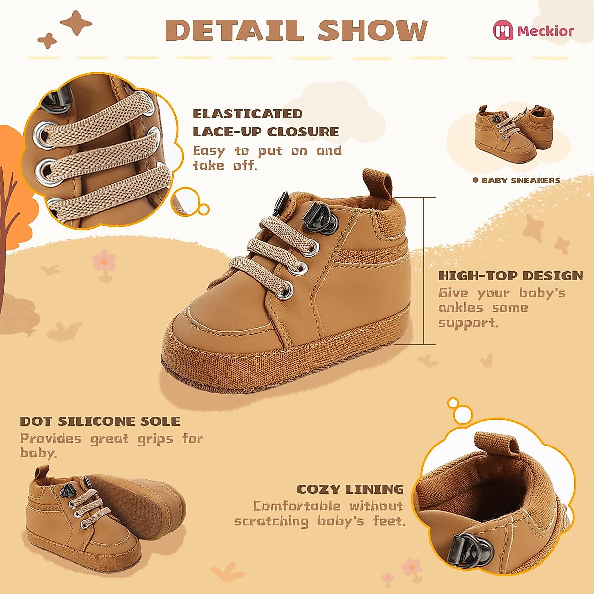 Meckior Toddler Baby Boys Girls High Tops Ankle Sneakers Soft Anti-Slip Sole PU Leather Moccasins Infant Newborn Prewalker First Walking Crib Shoes