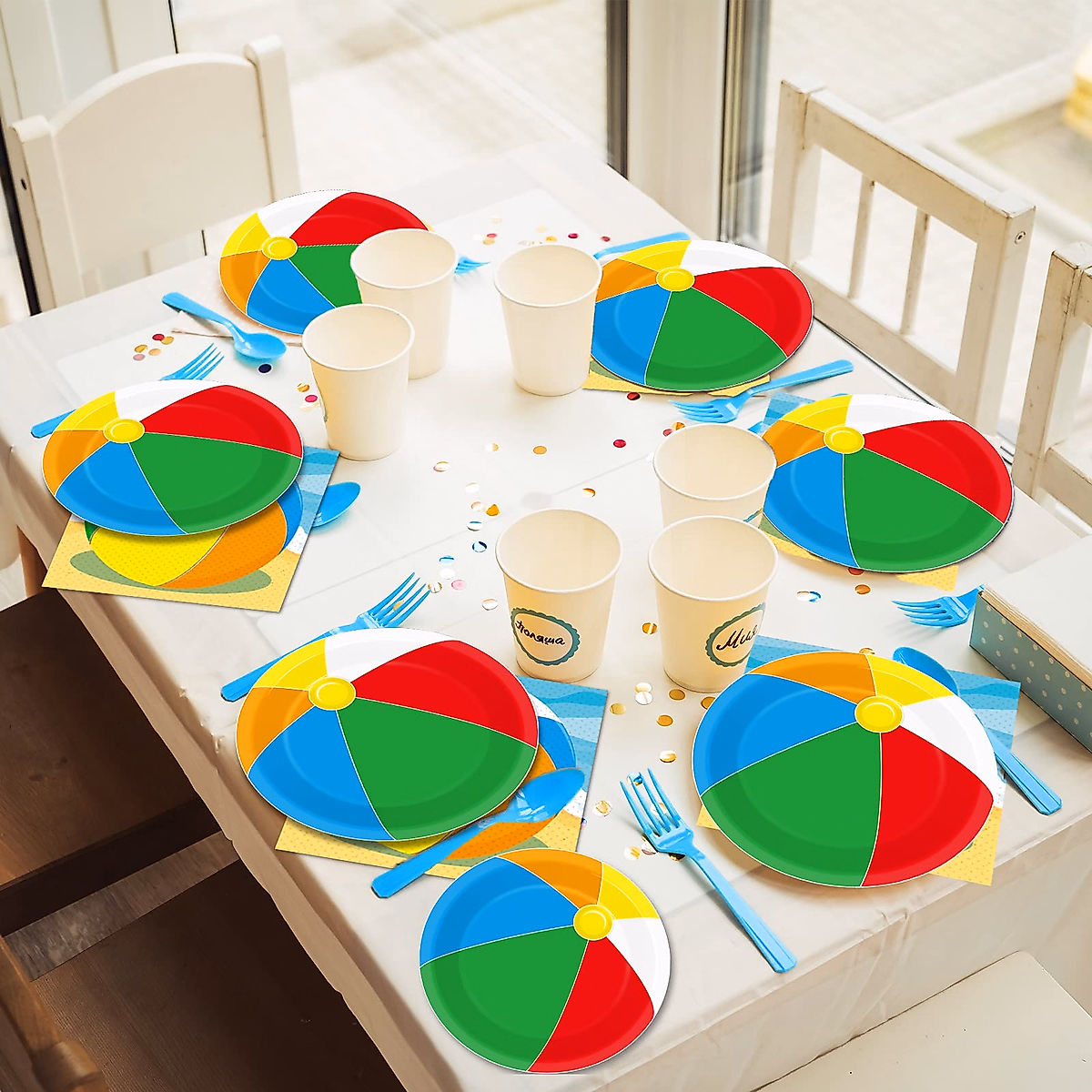 96 Pcs Beach Ball Party Supplies Tableware Summer Pool Ball Party Plates and Napkins Set Beach Birthday Party Favor Decorations For Kids Serves 24