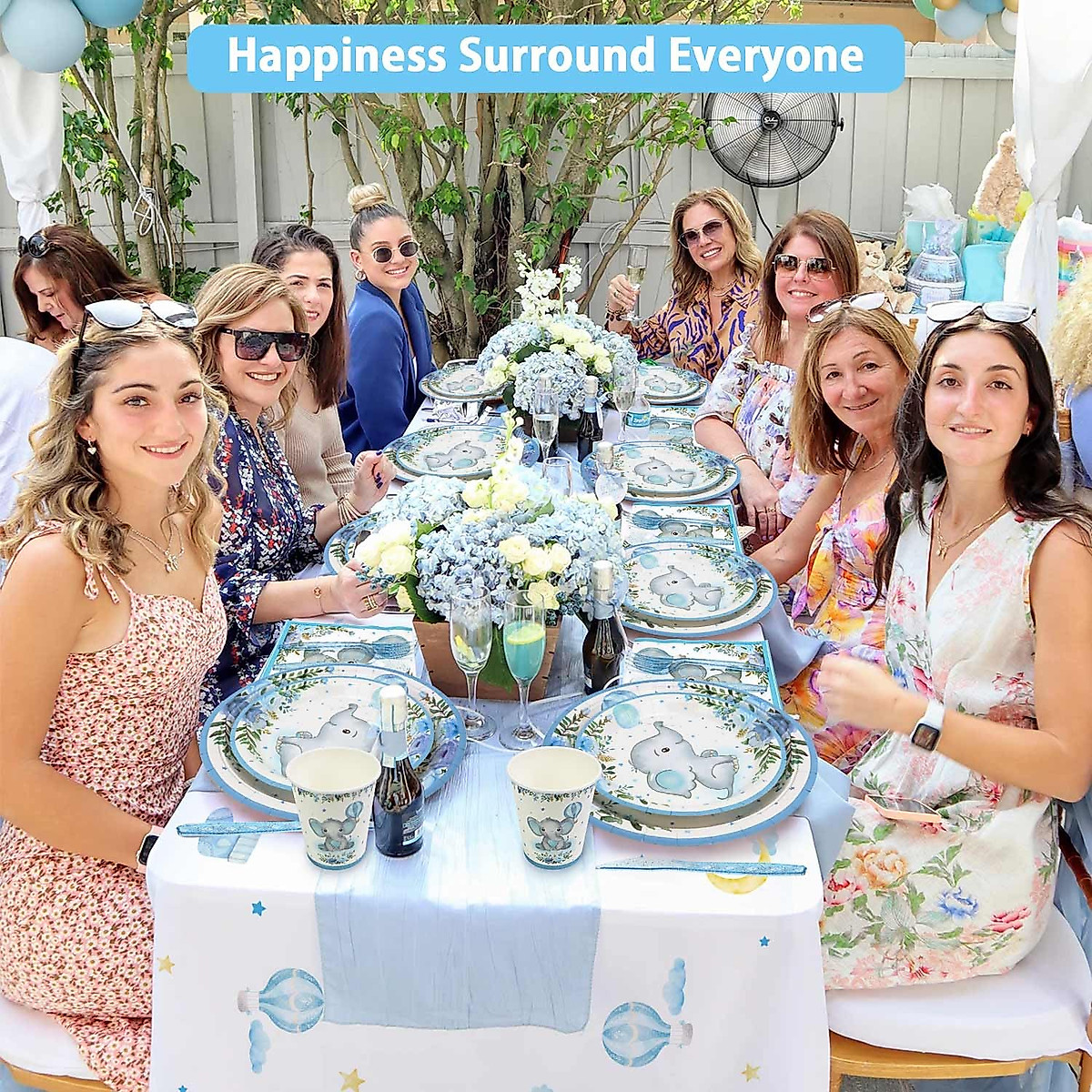 175Pcs Baby Boy Shower Decorations Plates Set for 25 Guests, Elephant Baby Shower Paper Plates Napkins Cups and Utensils Tableware Blue Floral Theme Birthday Party Supplies