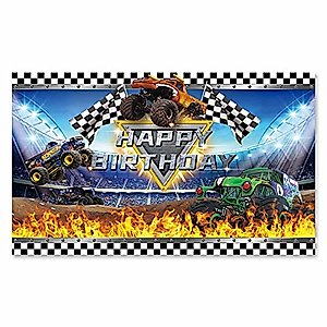 Seasonwood Cartoon Monster Truck Birthday Party Supplies Background Monster Machines Childrens Birthday Party Photo Backdrop Background Baby Shower Photography Banner Decoration 5X3FT