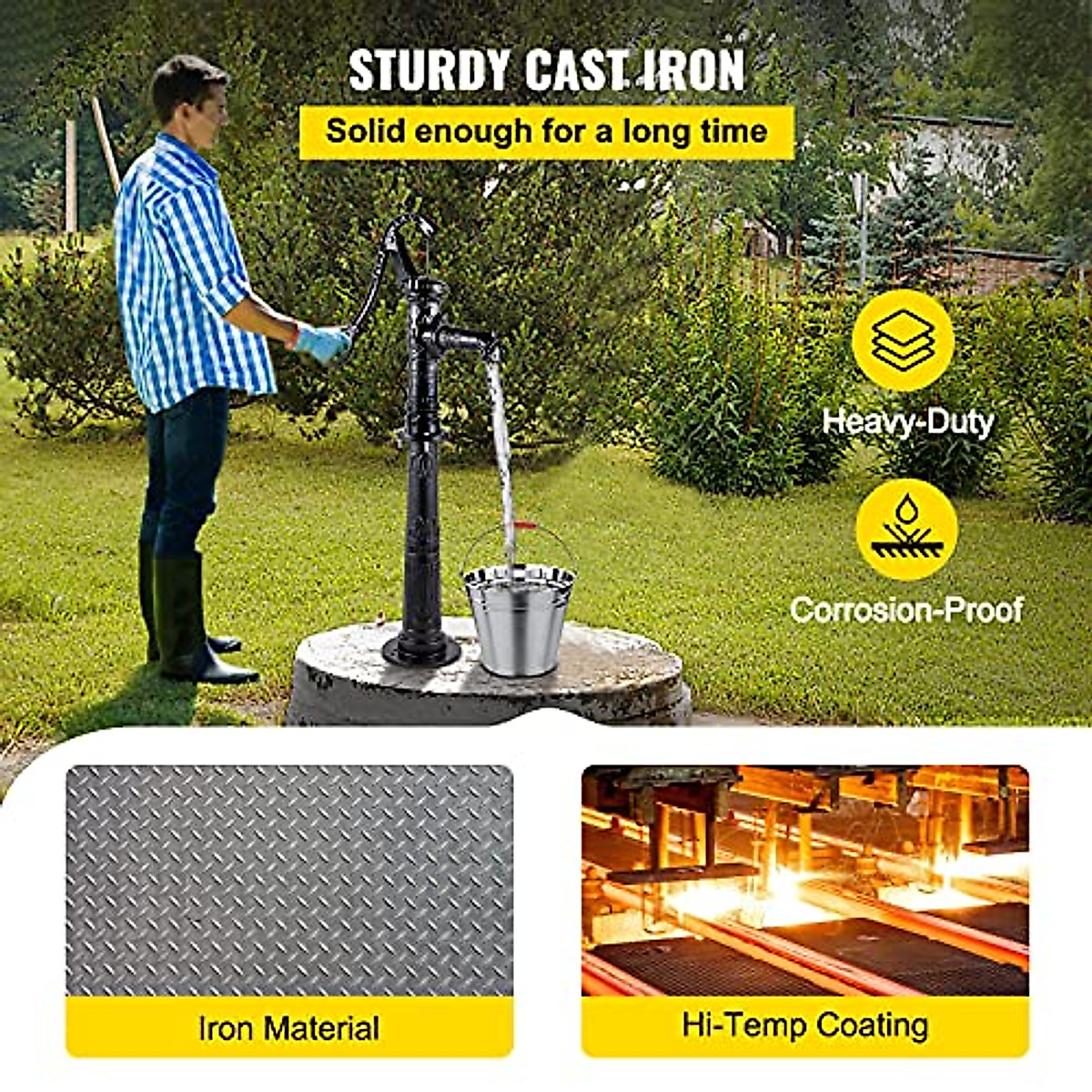 VEVOR Hand Water Pump Cast Iron, Vintage Pitcher Pump & Pump Stand 26‘’ Height, Max 20ft Pump Depth, Easy Installation, Heavy-duty Well Pump, Antique Pitcher Water Pump for Yard, Garden, Farm, Black