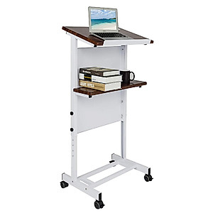 Bonnlo Mobile Stand Up Lectern Podium with Wheels, Portable Heavy Duty Desk, Height Adjustable Church Pulpit or Ceremony, Classroom Lecture Speech Teach Platform, Walnut Tabletop and White Steel Frame