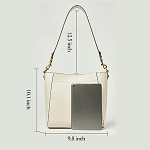 Leather Bucket Tote Bag For Women Medium Hobo Shoulder Purse And Handbags (4-Off White)