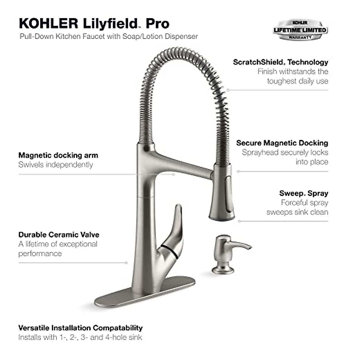 KOHLER R27459-SD-VS Lilyfield Commercial Style Pre-Rinse Single-Handle Semi-Professional Kitchen Sink Faucet, Vibrant Stainless