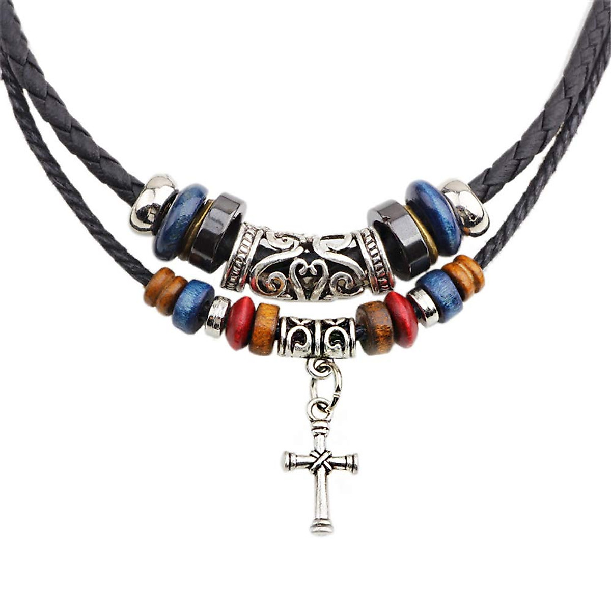 SMALLLOVE Leather Tribal Necklace for Women and Men Vintage Bohemian Style Ethnic Wood Beads Choker Braided Adjustable Double Layers Beaded Charm Cross Pendant (Black)
