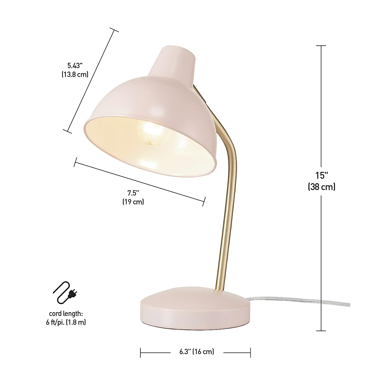 Globe Electric 67339 16" Desk Lamp, Matte Rose, Matte Gold Arm, Clear Cord, in-Line On/Off Switch, Home Décor, Lamp for Bedroom, Home Office Accessories, Desk Lamps for Home Office, Desk Light
