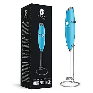 Bean Envy Handheld Milk Frother for Coffee - Electric Hand Blender, Mini Drink Mixer Whisk & Coffee Foamer Wand w/Stand for Lattes, Matcha and Hot Chocolate - Kitchen Gifts - Light Blue