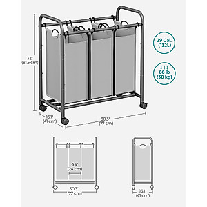SONGMICS 3-Section Laundry Sorter, Laundry Basket with Wheels, Laundry Hamper with 3 Bags, Laundry Room Organizer, Removable Laundry Bag with Handles, Lockable Wheels, Gray ULSF003GS