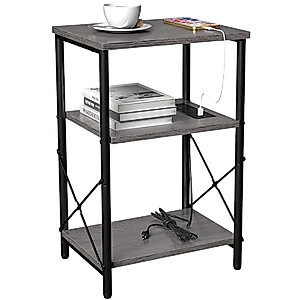Yusong Small Side Table with Charging Station, Slim End Table for Narrow Space in Living Room,3 Tier Skinny Nightstand Bedside Table with USB Ports & Outlets for Bedroom, Grey
