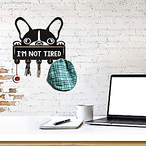 The Geeky Days Dog Puppy Key Holder for Wall, Boston Terrier I am Not Tired Wood Wall Mounted Hat Coat Rack with Mail Medal Organizer Shelf, 5 Metal Hooks Hanger, for Closet Door Hanging