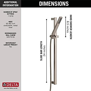 Delta Faucet Vero Single-Spray Slide Bar Hand Held Shower with Hose, Brushed Nickel Handheld Shower Head, Slide Bar Hand Shower, Handheld Shower, Detachable Shower Head, Stainless 57530-SS