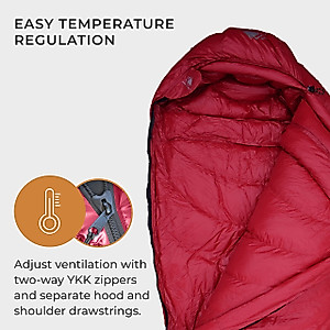 Hyke & Byke Quandary 15 F Hiking & Backpacking Sleeping Bag - 3 Season, 650FP Duck Down Sleeping Bag - Ultralight - Maroon - 72in - Short