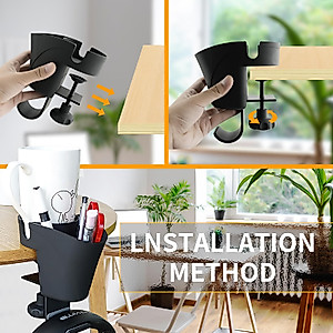 3 in 1 Desk Cup Holder - Organize Your Space with Headphone Hanger, Pen Holder, and Anti-Spill Cup Holder. Ideal for Water Bottles, Wheelchairs, Workstations, and Gaming Desk Accessories. (Black)