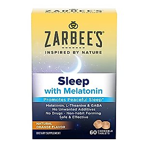 Zarbee's Melatonin 5mg, L-Theanine + GABA Sleep Supplement to Promote Peaceful Sleep, Natural Orange Flavor, Chewable Tablets for Adults Age 12 Up, 60 Count