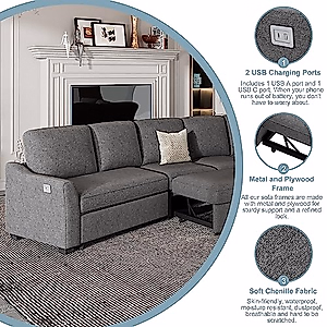 P PURLOVE Sectional Sofa for Living Room, Sectional Sleeper Sofa with Pull-Out Bed, Modern Couch with USB Charging Port, Upholstered L-Shaped Sofa Couch for Bedroom, Large Space(Gray)