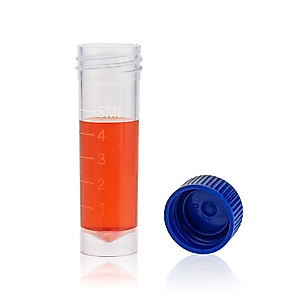 PEKYBIO Sterile Transport Tube, 5 ml Capacity, Molded Graduations, Conical Bottom, Self Standing, with Blue Screw Cap, Non- Pyrogenic, DN/RNase Free, Case of 200