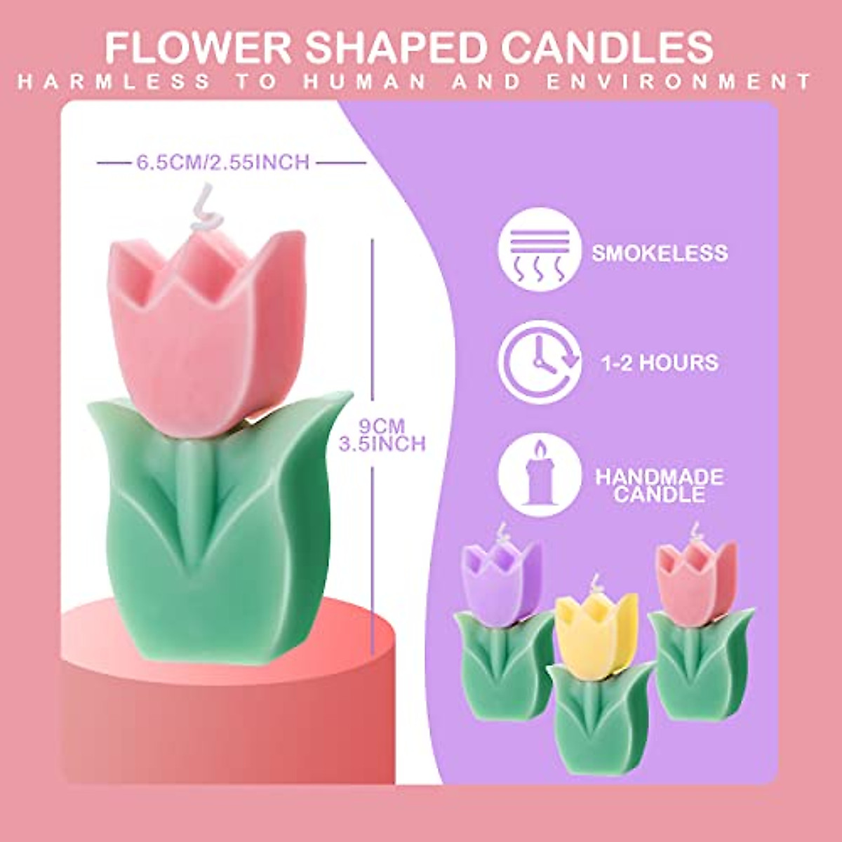 3 Pcs Flower Shaped Candles Tulip Candles Aesthetic Cool Candles Cute Candles Paraffin Wax Decorative Candle Room Decor Funky Scented Flower Candle for Gift Wedding Party Favors, Pink, Yellow, Purple