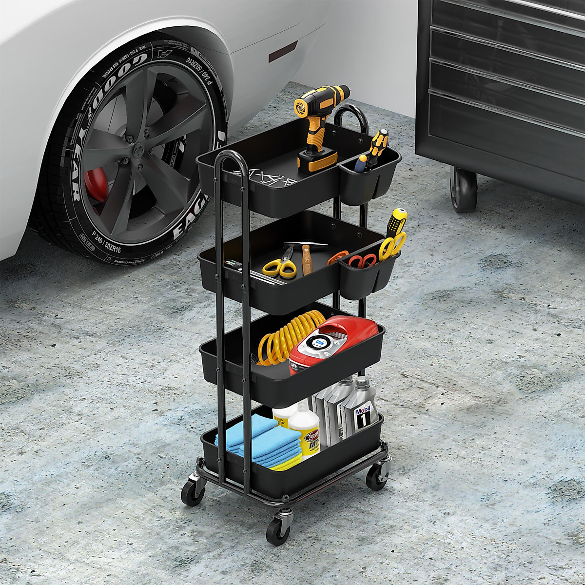 Simple Houseware 4-Tier Multifunctional Rolling Utility Cart with Hanging Buckets, Black