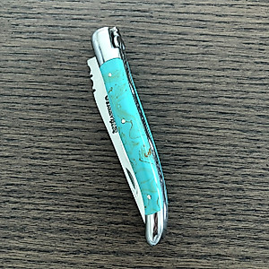 Laguiole en Aubrac Handmade Luxury Folding Pocket Knife, 4.8-in (12cm). Genuine Turquoise Handle, Hand Forged Bee, Stainless Steel Shiny Bolsters