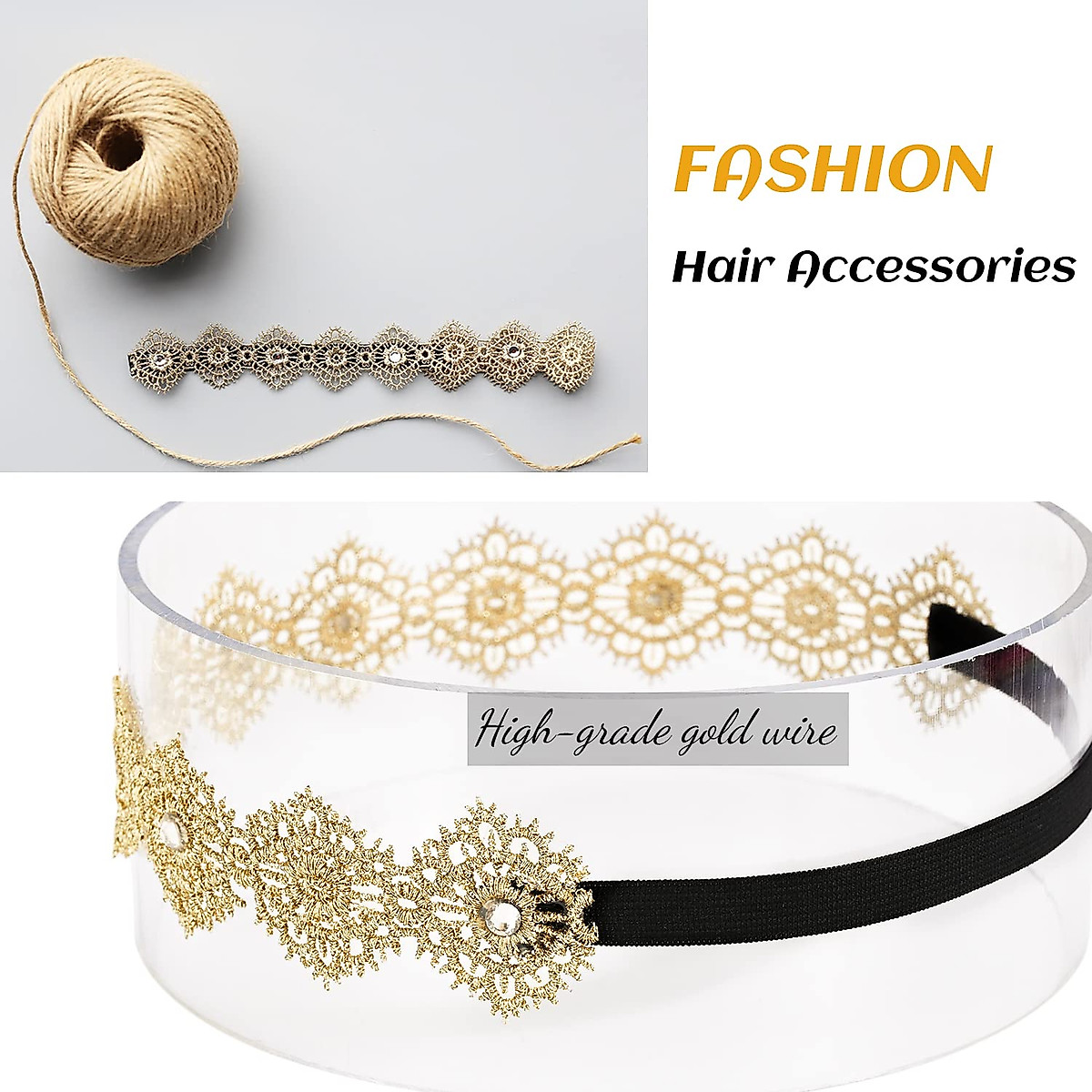 DANMY Baby Girl Super Elastic Headband,Cotton Lace Toddler Hair Band,Infant Soft Turban Hair Accessories Set (gold 1pcs)