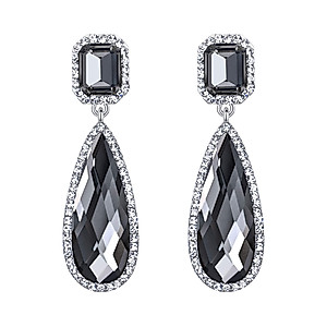 BriLove Wedding Bridal Dangle Earrings for Women Crystal Asscher Cut Elongated Faceted Teardrop Infinity Earrings Grey Black Silver-Tone