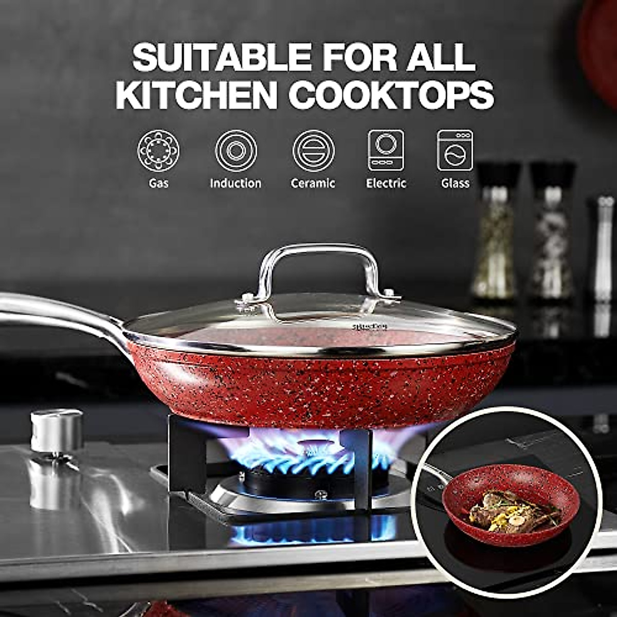 HLAFRG 8 Inch Nonstick Frying Pan with Lid, Red Granite Skillet with Non Toxic APEO & PFOA Free,Even Heating and Less Oil,Oven Pan with Heat-Resistant Handle,Omelet Pan with lid,Induction Compatible