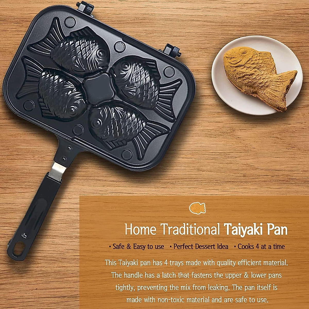 Taiyaki Fish-Shaped Cake Pan, Non-stick Waffle Cake Maker with Long Handle Pancake Baking Double Pan Mold Japanese Fish-Shaped Hot Cake Maker for Home DIY Cooking Party Dessert