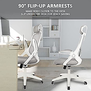 HYLONE Office Chair Executive Mesh Computer Desk Chair Comfortable with Headrest, Flip-up Arms, Adjustable Height, White