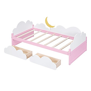 Yehha Twin Daybed for Kids, Solid Wood Bedframe w/Clouds and Moon Decor, 2 Storage Drawers, Cartoon Low Bed Frame for Boys & Girls Bedroom, Pink