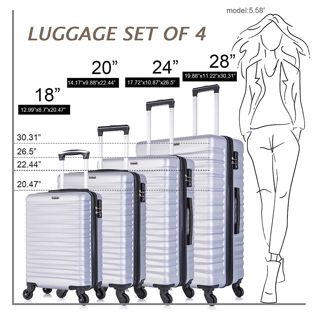 Apelila 4 Piece Luggage Sets, Expandable Hardshell ABS Luggage Sets with TSA Lock Spinner Wheels Travel Suitcases Set (4 PCS, Silver)
