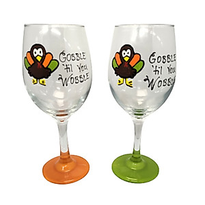 Thanksgiving Turkey Orange Green Gobble Til You Wobble Hand Painted Wine Glasses Set of 2