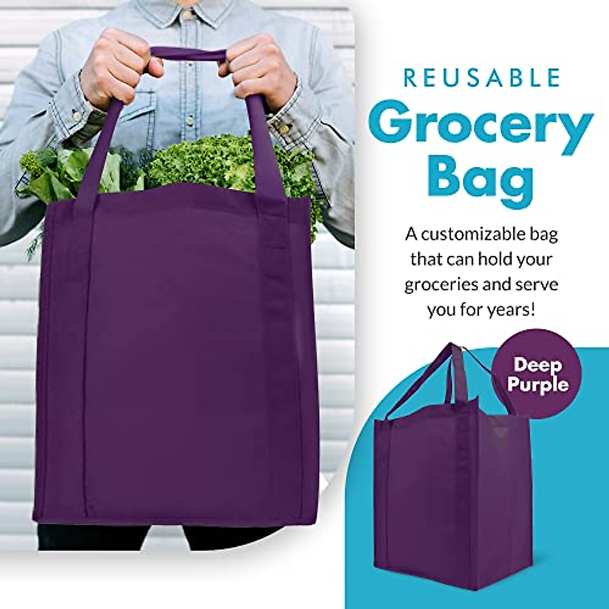 Simply Green Solutions - Reusable Grocery Bags, Wide Tote Bags with 20-Inch Reinforced Handle, Shopping Bags for Groceries, Reusable Gift Bags with Handles, 13 x 15 x 10, Pack of 10, Deep Purple