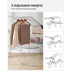 SONGMICS Clothes Drying Rack, Foldable 2-Level Laundry Drying Rack, Free-Standing Large Drying Rack, with Height-Adjustable Wings, 33 Drying Rails, Sock Clips, for Clothes, Sheets, Blue ULLR53BU