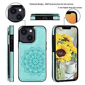 Designed for iPhone 13 Case with Card Holder,Slim Flip Cover for Woman Mandala Emboss PU Leather with Kickstand Credit Card Slots Magnetic Clasp Wallet Phone Case for iPhone 13,6.1 Inch (Mint)