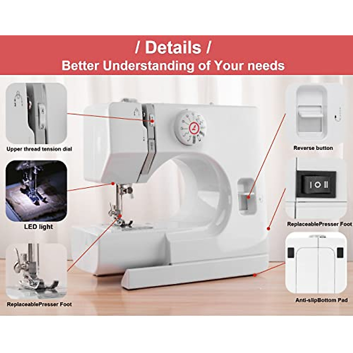 Buart Sewing Machine,Mini Sewing Machine for Beginners,Sewing Machines with Reverse Sewing and 12 Built-in Stitches,with Foot Pedal & 42PC Sewing Kit(White)