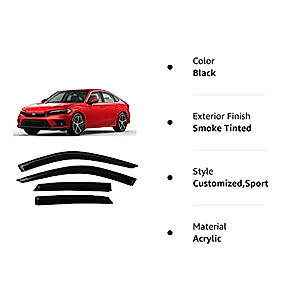 Smoke Tinted Tape-On Side Window Visor Deflectors Rain Guards for Honda Civic Sedan 2022 - 2023 Lx Ex Si Hpt Sport Touring
