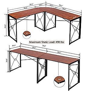VECELO L Shaped Desk, 59''x59'' Large Corner Computer Gaming Table for Home Office with Collapsible Leg, No Assembly Needed, Brown