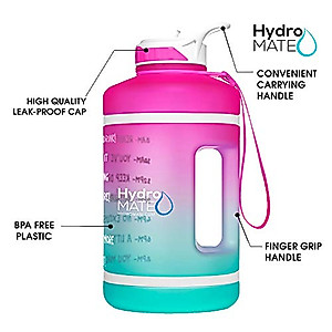NatureWorks HydroMATE Half Gallon Water Bottle with Time Markers BPA Free Reusable Leak Proof Jug with Straw and Handle 64 oz (Pink Turquoise)