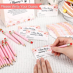 Set of 76 Baby Shower Game Kit How Big is Mommy's Belly Sign Guessing Baby Game Sign with Guessing Cards Pencils Measuring Tape for Baby Shower Gender Reveal Party Game (Floral Style)