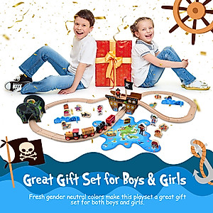 Pidoko Kids Pirate Theme Wooden Train Set - 72 Pcs - Includes Magnet Fishing Poles - Set compatible with all major brand tracks and trains